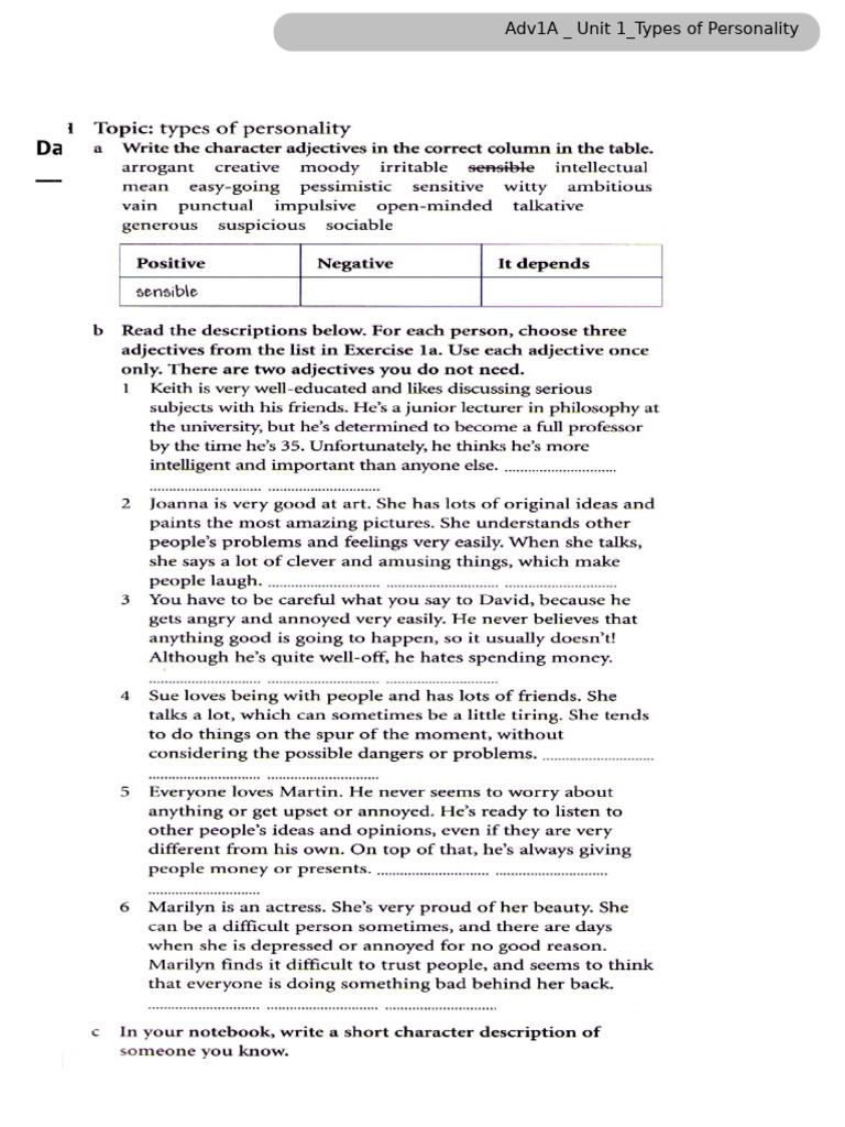 S4a f1b Personality Adjectives | PDF