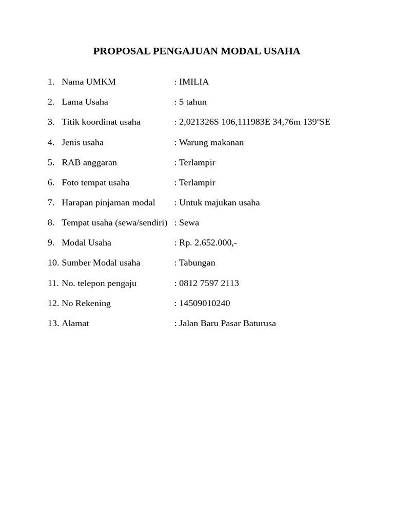 PROPOSAL PENGAJUAN MODAL USAHA imilia | PDF PROPOSAL PENGAJUAN MODAL USAHA imilia | PDF