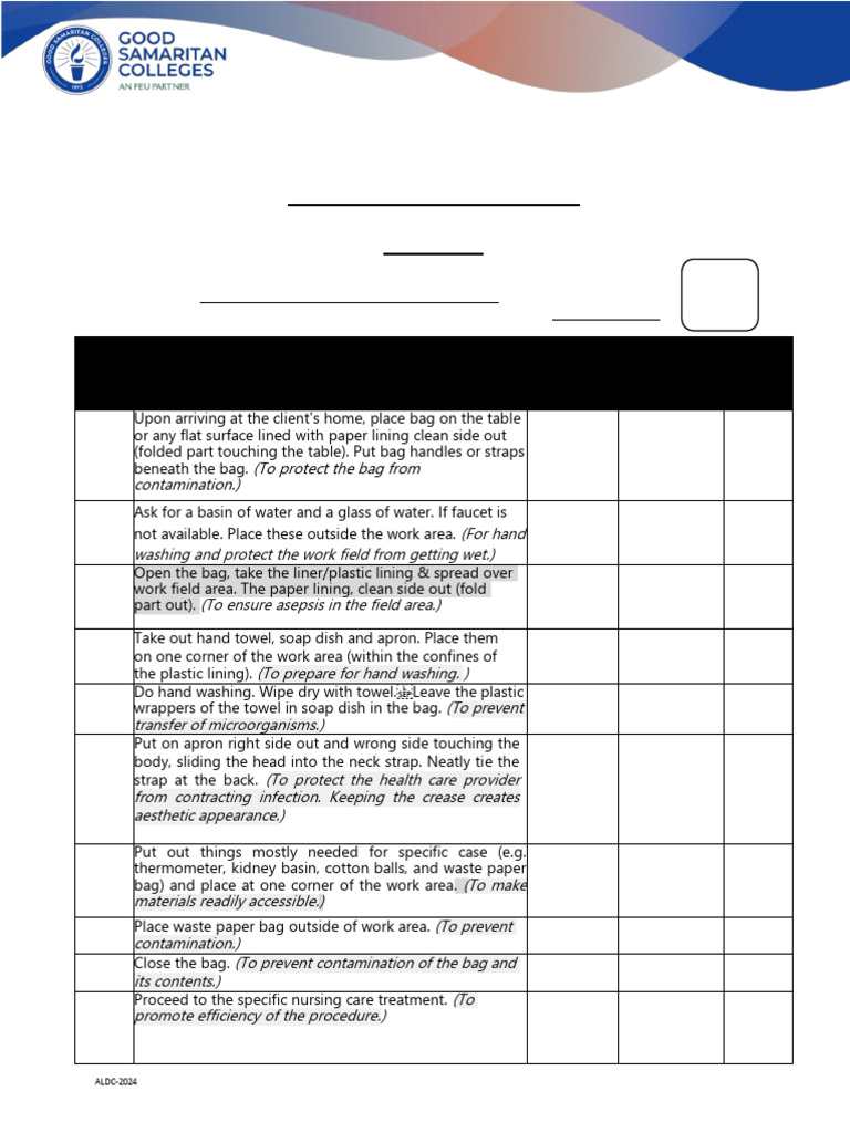 Bag Technique-Checklistnied | PDF | Hand Washing | Nursing