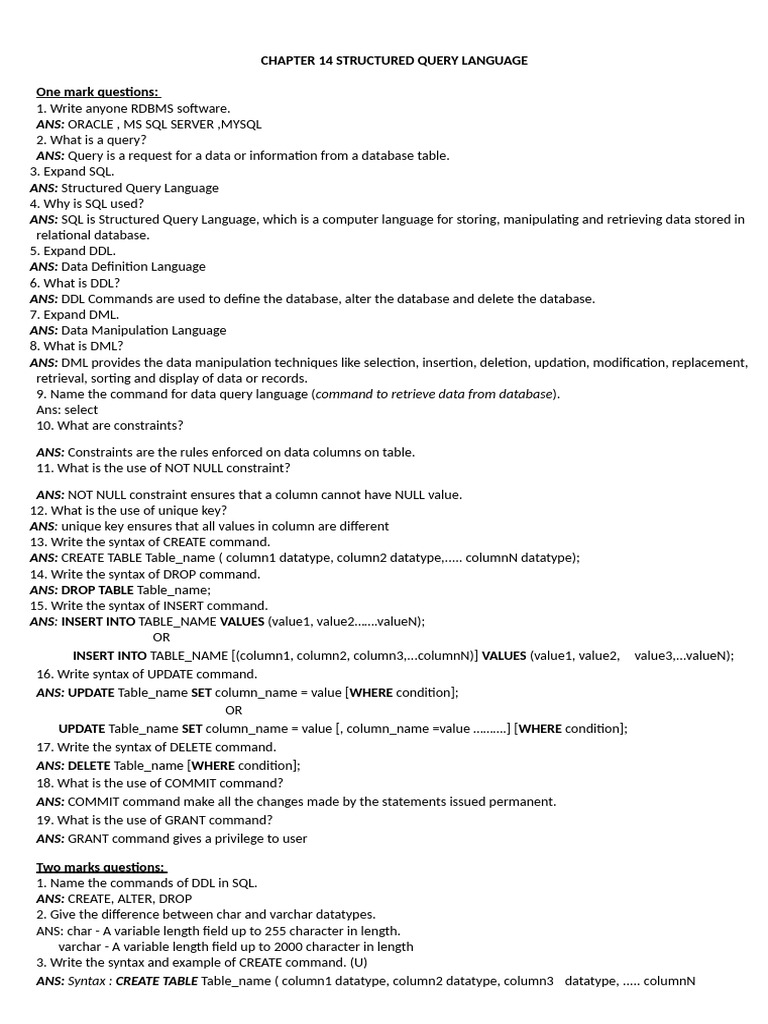 CHAPTER 14 STRUCTURED QUERY LANGUAGE (1) | PDF | Relational Database | Sql