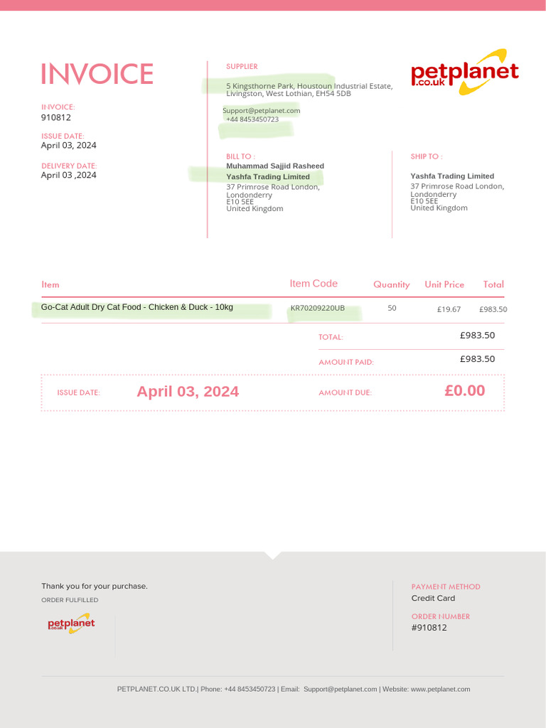 Invoice for Go-Cat Adult Cat Food | PDF | Invoice