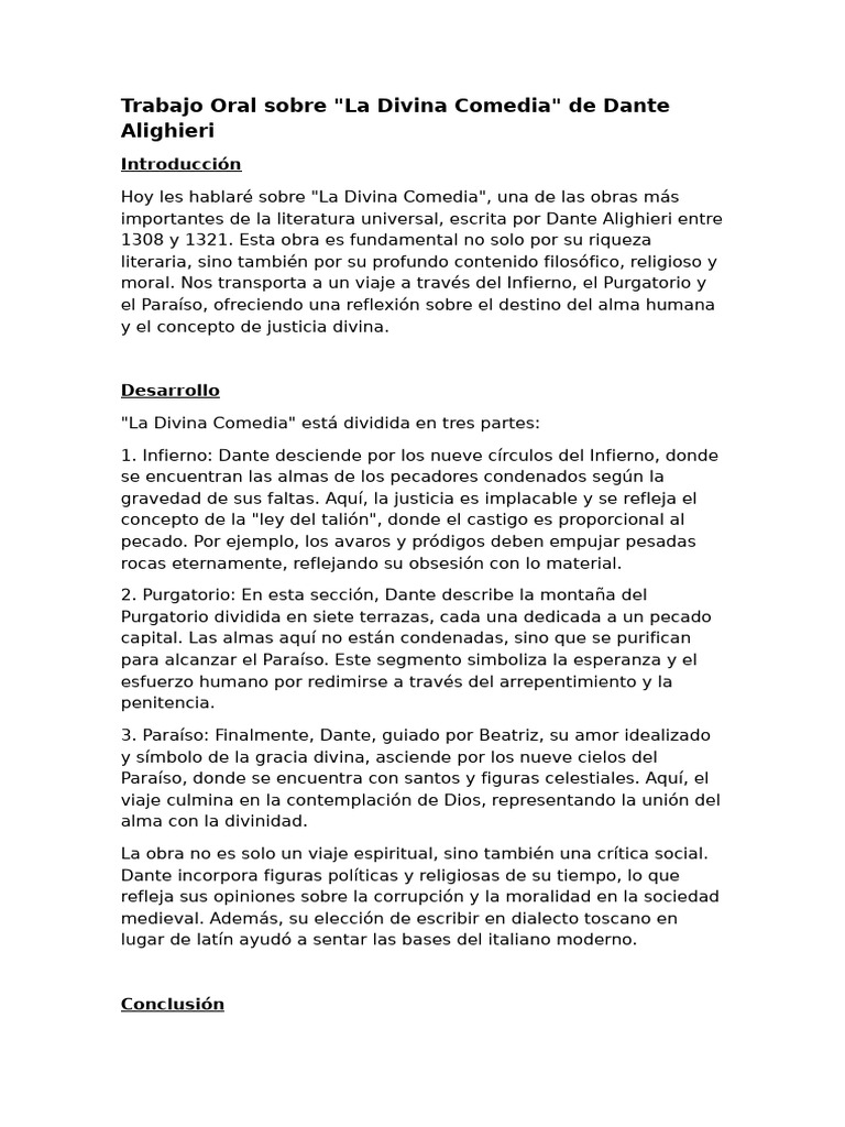 Trabajo Oral Sobre "La Divina Comedia" de Dante Alighieri: Introducción | PDF