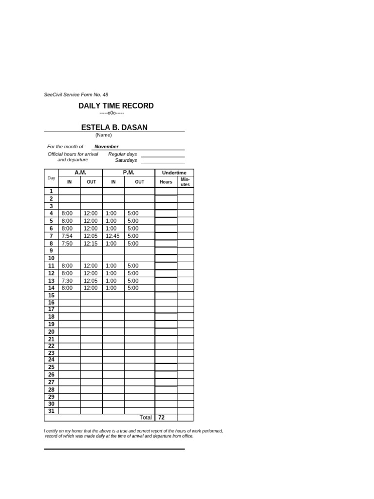 Sample Daily Time Record Dtr(1) | PDF