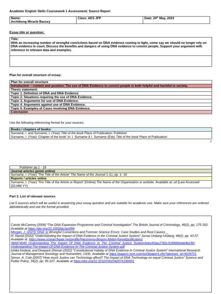 AES Coursework 1 Part 2 Submission Template | PDF | Dna Profiling | Essays
