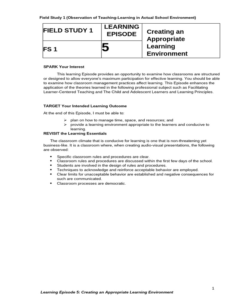 EP5 - FS1 - Creating An Appropriate Learning Environment 1 | PDF ...