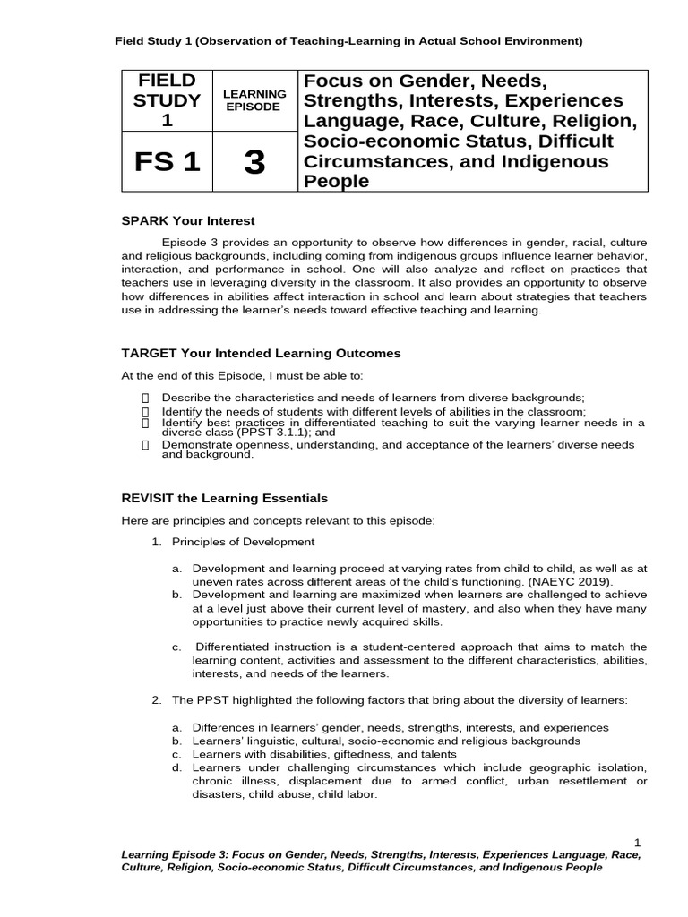 EP3 - FS1 - Focus On Gender Needs Strengths Interests Experiences Language R | PDF | Learning ...