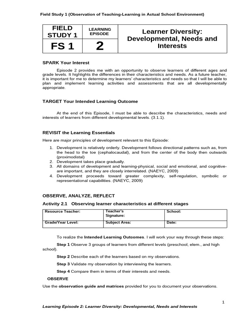 EP2 - FS1 - Learner Diversity - Developmental Needs and Interests | PDF | Learning | Teachers