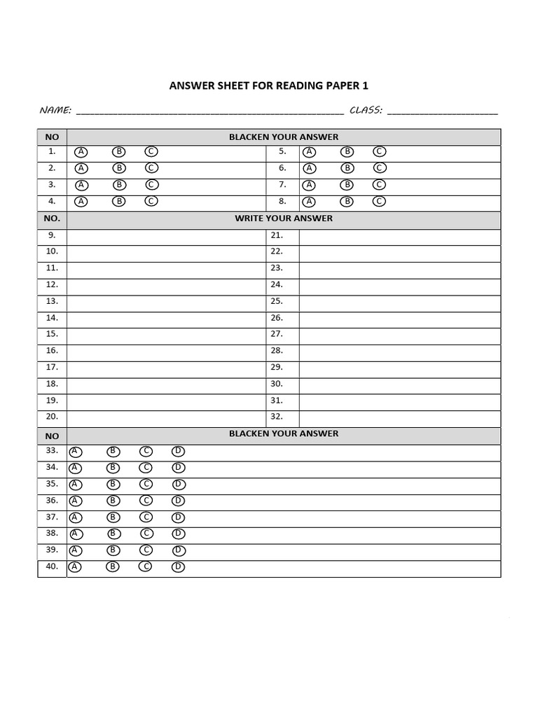 Answer Sheet Bi Paper 1 | PDF