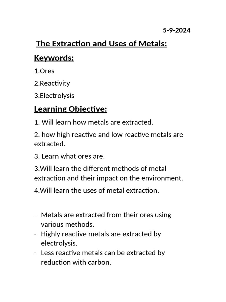 Notes - The Extraction and Uses of Metals | PDF