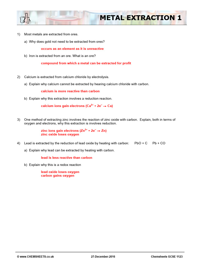 Chemsheets GCSE 1123 Metal Extraction 1 ANS | PDF
