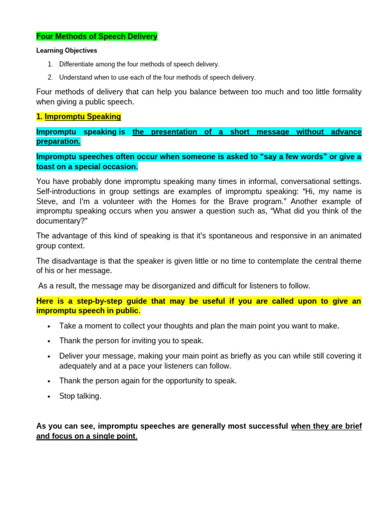 2b. Four Methods of Speech Delivery | PDF | Nonverbal Communication ...