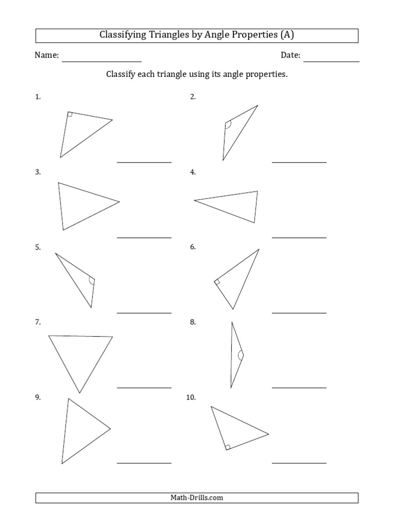 Geometry Worksheet -- Classifying Triangles by Angle Properties (Marks Included on Question Page ...
