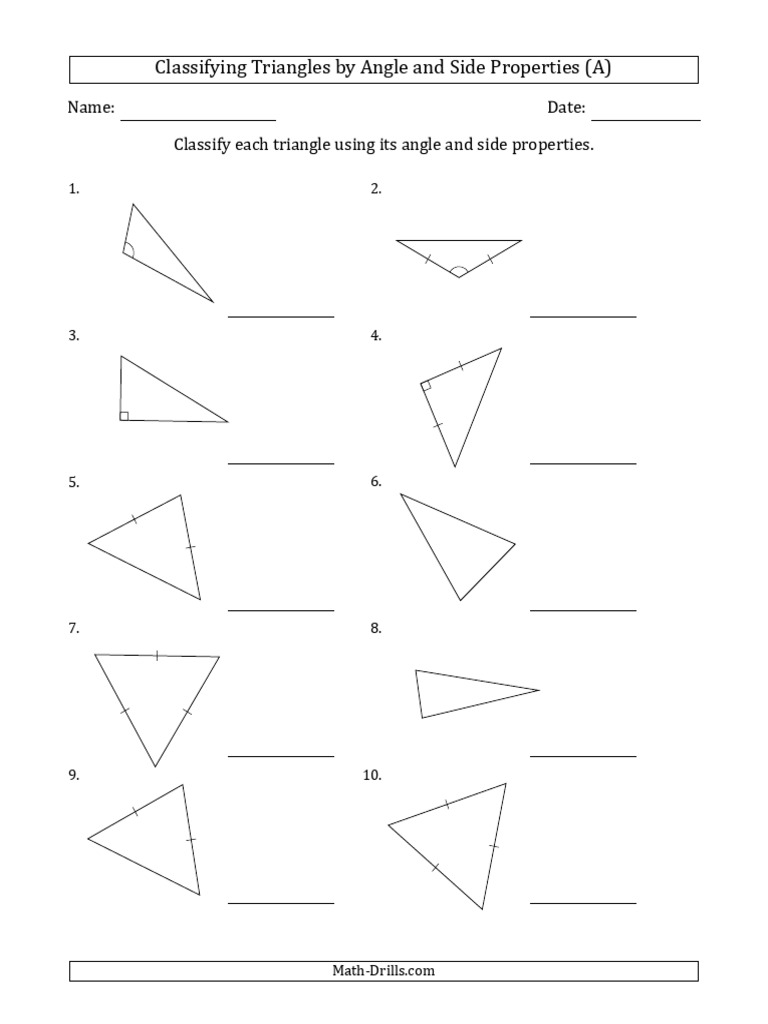 Geometry Worksheet - Classifying Triangles by Angle and Side Properties ...