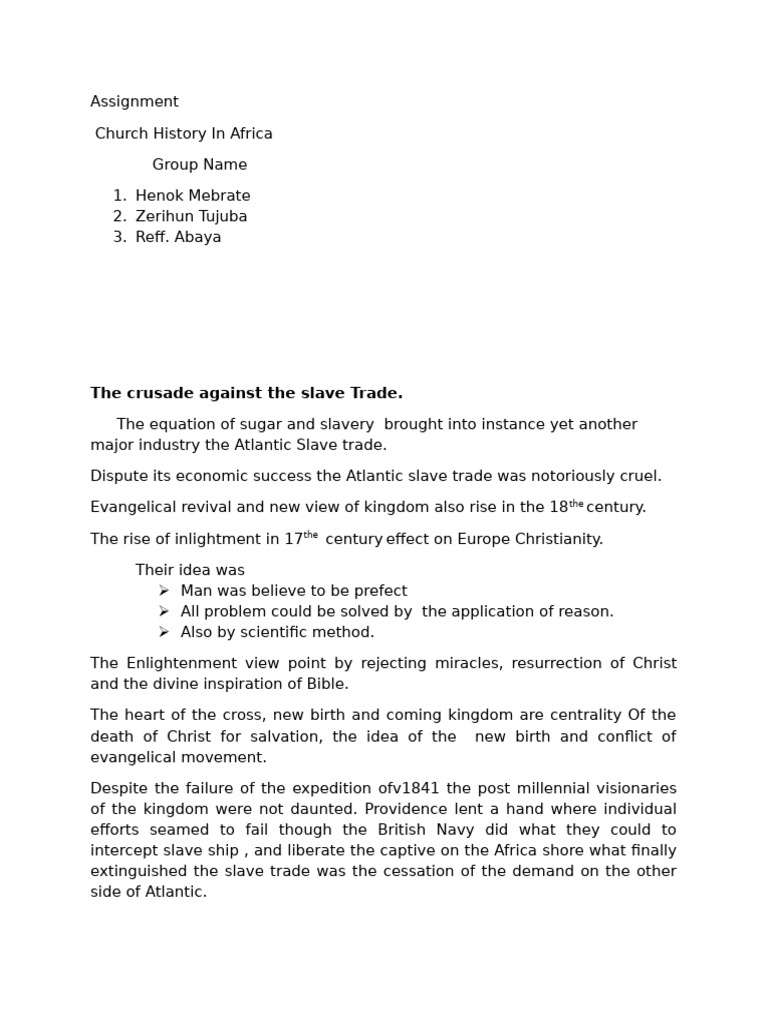 Assignment Church in Africa | PDF | Atlantic Slave Trade | Evangelicalism