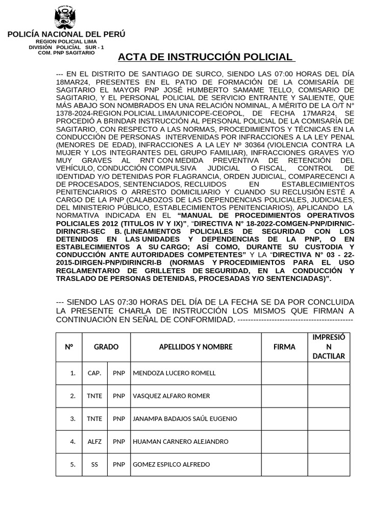 Acta de Instrucción Policial Actualizado 2024 | PDF | Policía | Apelación