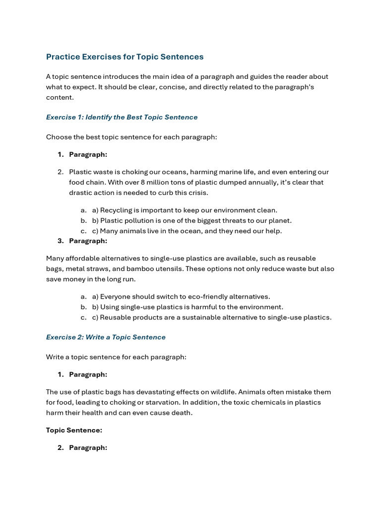 Topic Sentence Practice Exercises | PDF | Plastic | Pollution