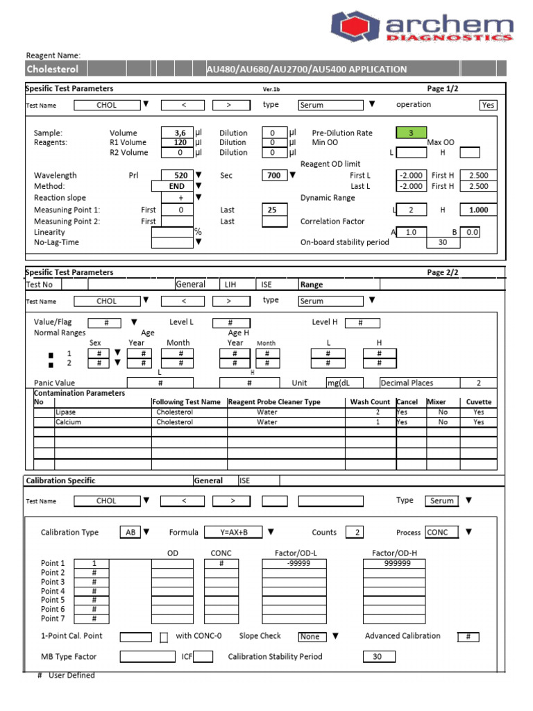 Cholesterol Test Parameters for AU480/AU680 | PDF