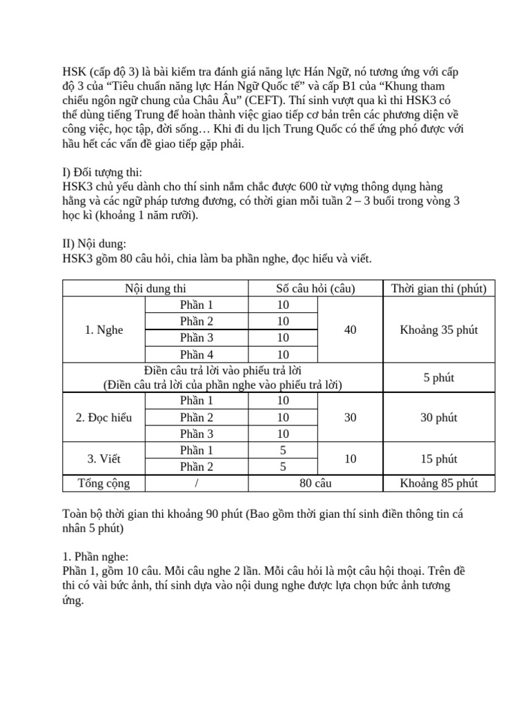 N I Dung Và Cách TH C Làm Bài Thi HSK3 | PDF