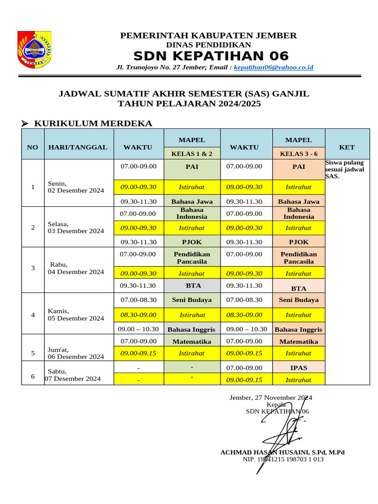 Jadwal Sas Ganjil Ta. 2024-2025 - SDN Kepatihan 06 Fix | PDF