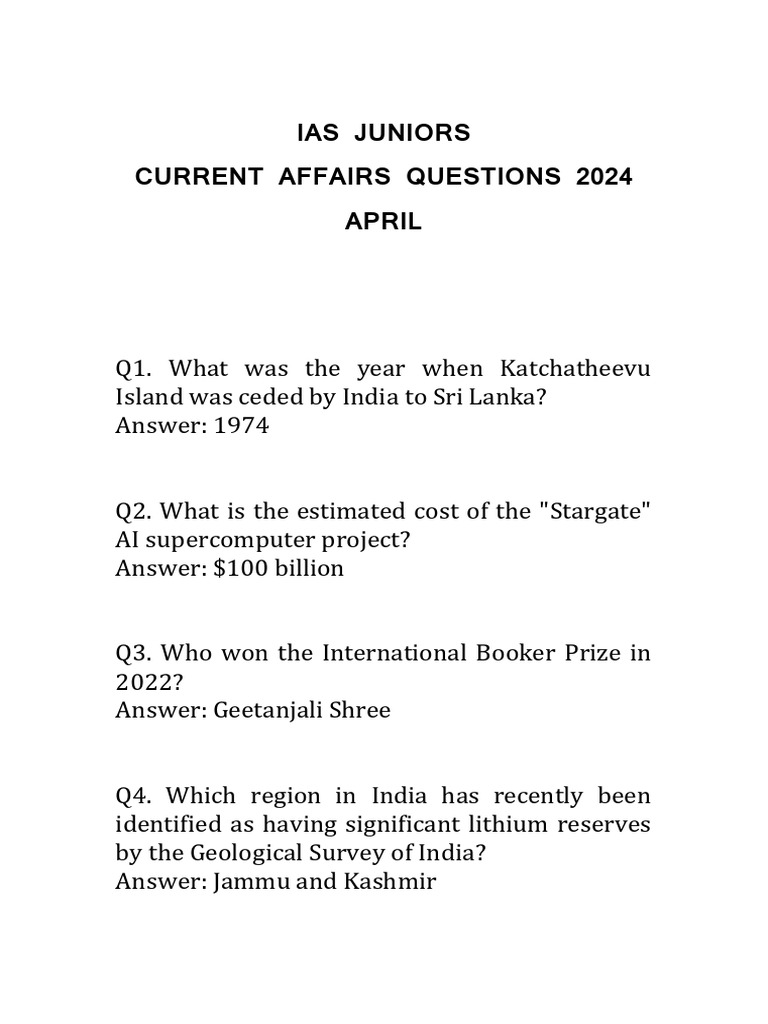 IAS Juniors April 2024 Current Affairs | PDF