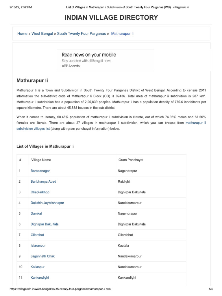 List of GP Villages Under Mathurapur 2 Block | PDF