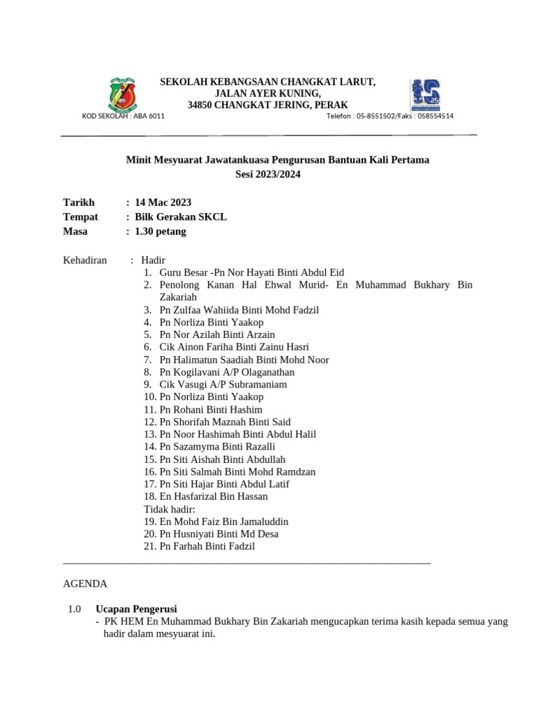 Minit - Mesyuarat - Pengurusan - Bantuan - Sekolah - Kali - Pertama - SKCL 2023 | PDF
