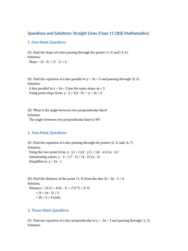 Class 11 CBSE Math: Straight Lines | PDF | Slope | Equations