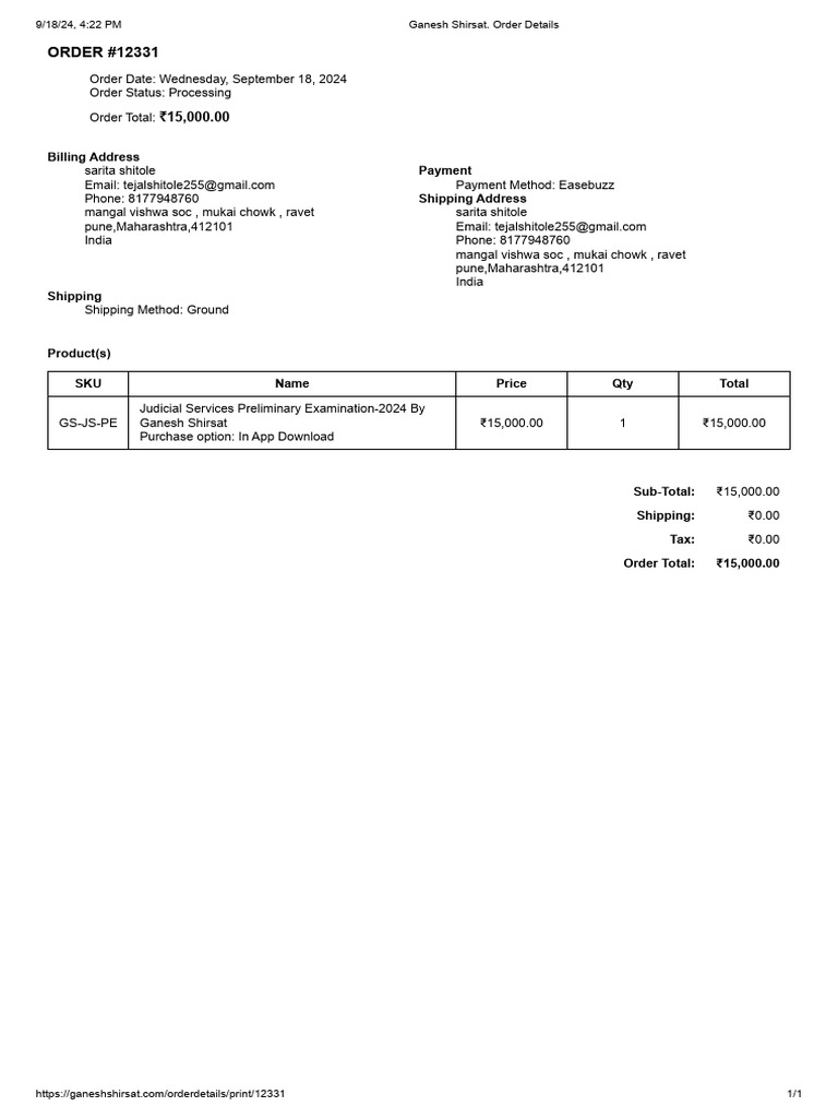 Ganesh Shirsat. Order Details tejal jmfc class | PDF