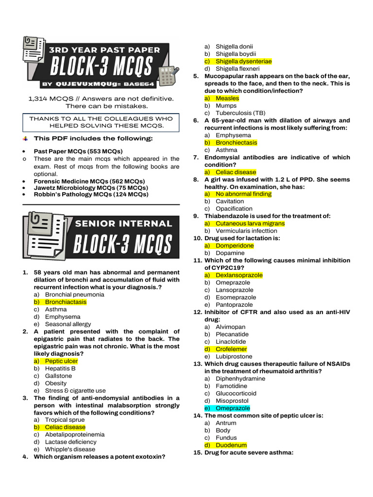Block-3 Mcqs 3rd Year Solved | PDF | Infection | Medical Specialties