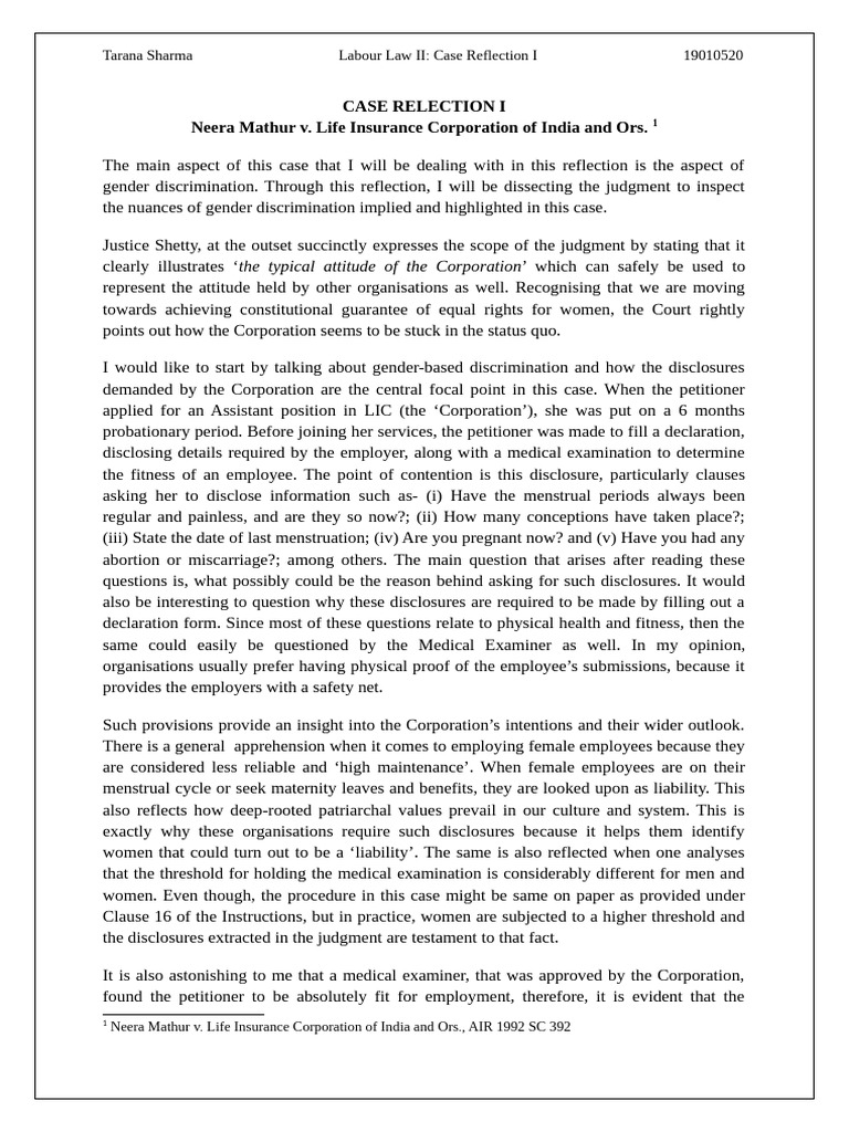 Case Reflection I - Labour Law II | PDF | Precedent | Employment