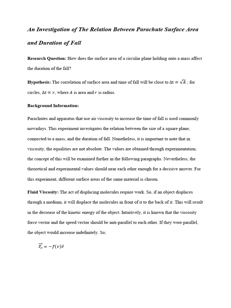 Parachute Surface Area and Fall Time | PDF | Viscosity | Force