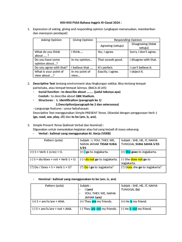 KISI-KISI B.inggris Kelas XI-Gasal 2024 | PDF | Linguistics | Languages