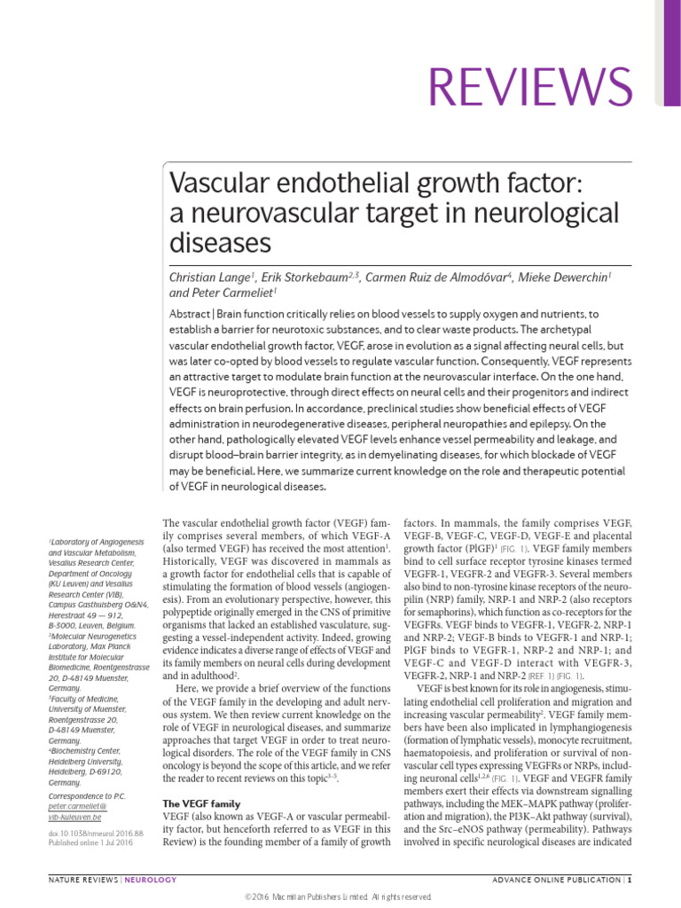 Vascular Endothelial Growth Factor: A Neurovascular Target in Neurological Diseases | PDF ...
