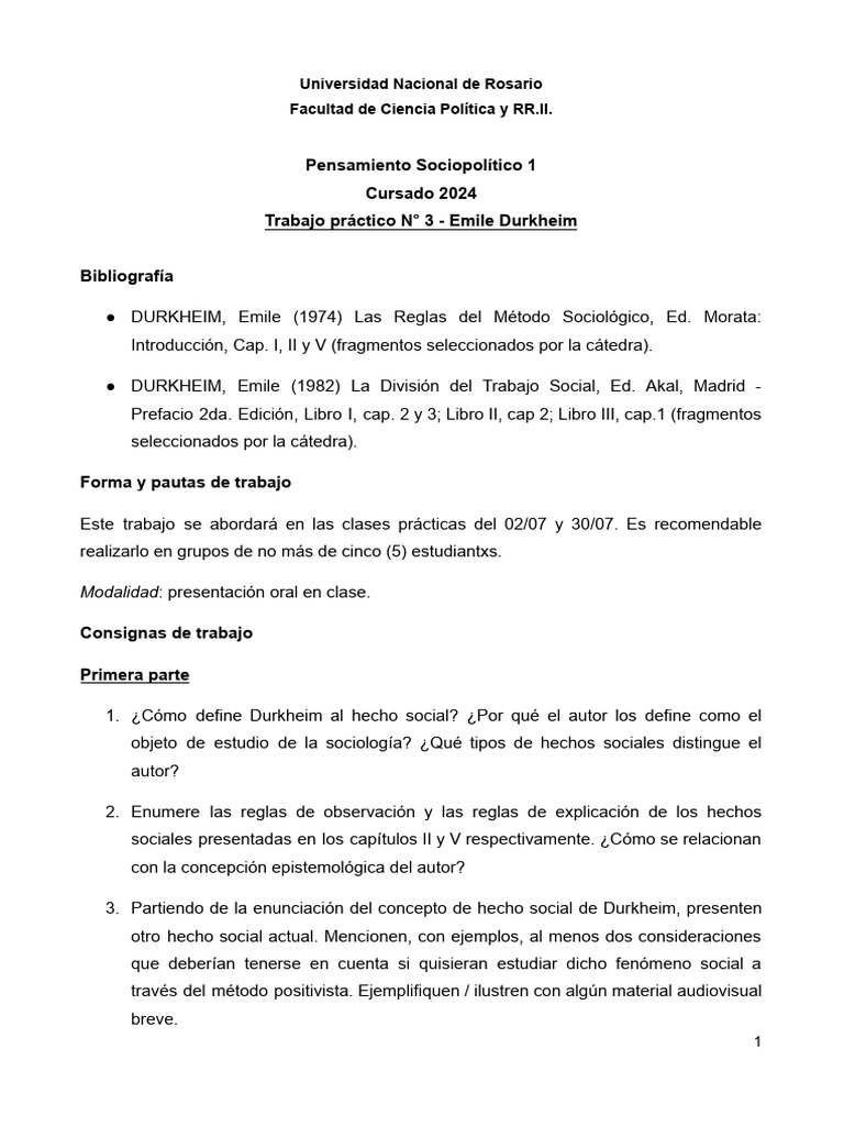 TP Durkheim FINAL 2024 | PDF | Emile Durkheim | Sociología