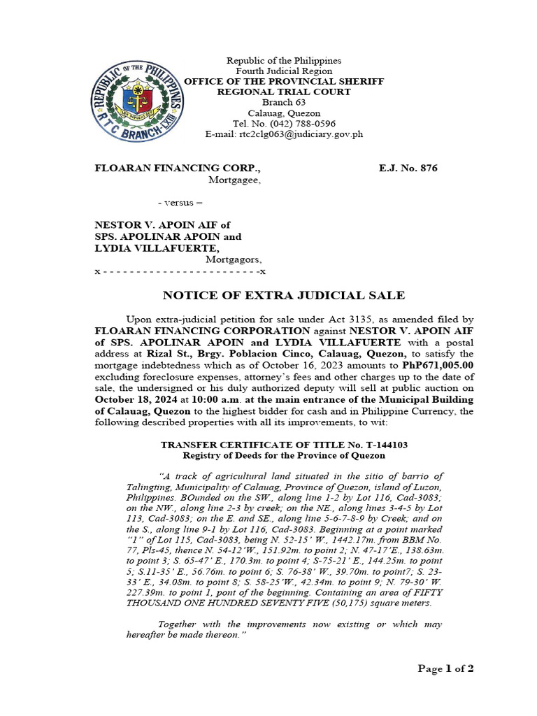 notice of extra judicial sale EJ876 | PDF | Mortgage Law | Foreclosure