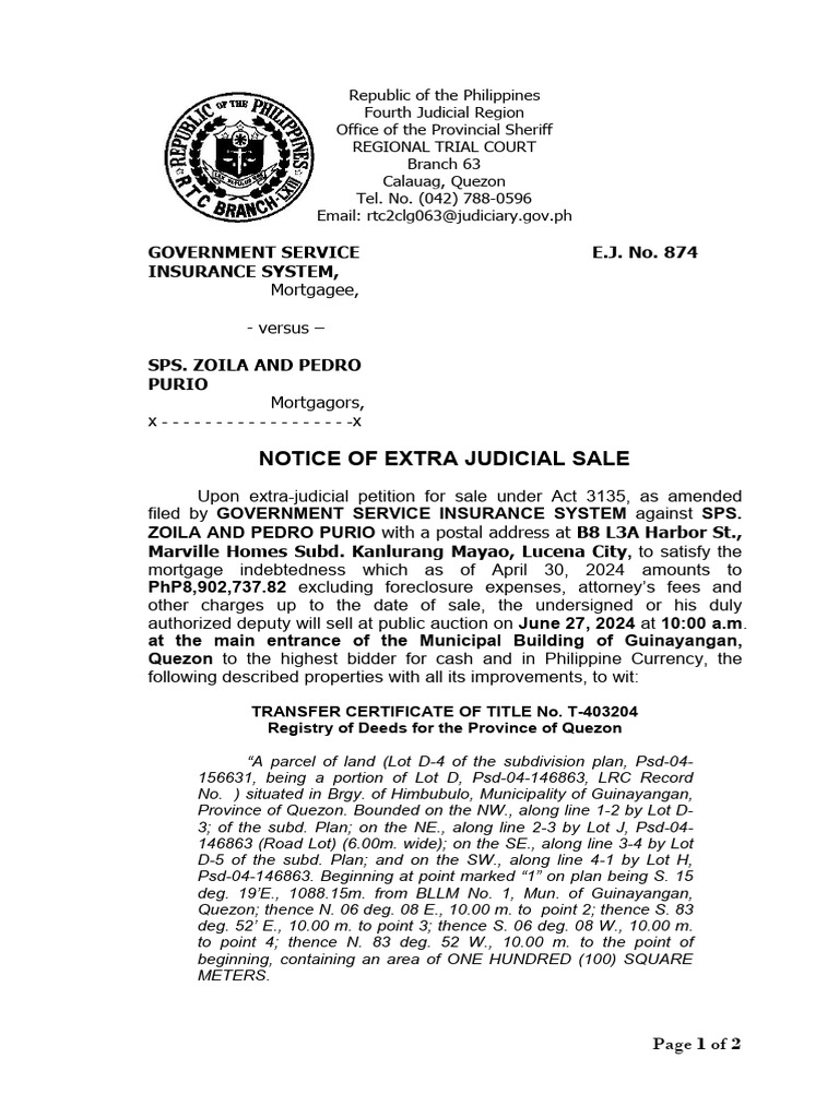 Notice of Extra Judicial Sale EJ874 | PDF | Mortgage Law | Foreclosure