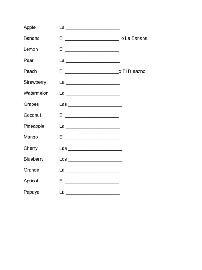 Fruit Names in Spanish Worksheet | PDF