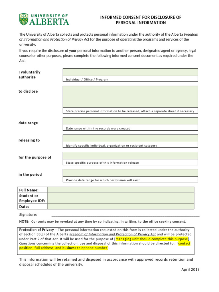 Informed Consent For Disclosure of Personal Information Form | PDF