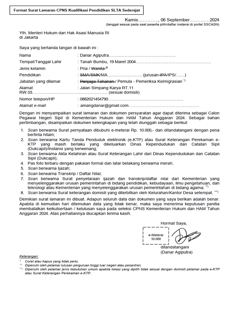 Format Surat Lamaran CPNS 2024 SLTA | PDF
