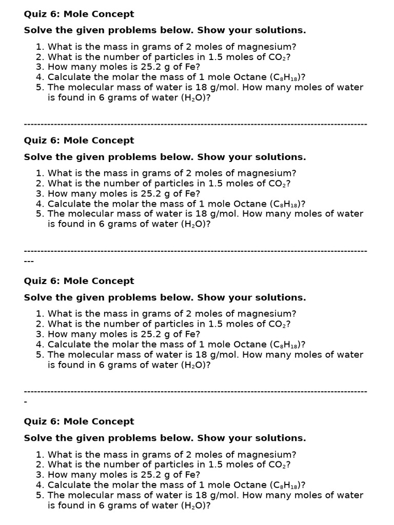 Mole Concept Quiz Questions | PDF