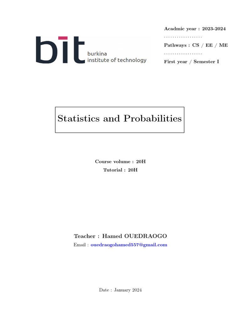 Cours-corrigé de Proba&Statis | PDF | Probability Distribution | Variance