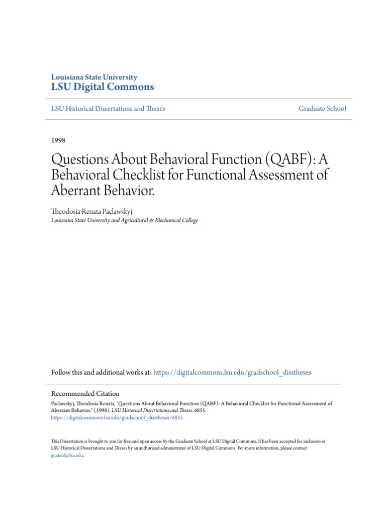 Questions About Behavioral Function (QABF) - A Behavioral Checklis ...