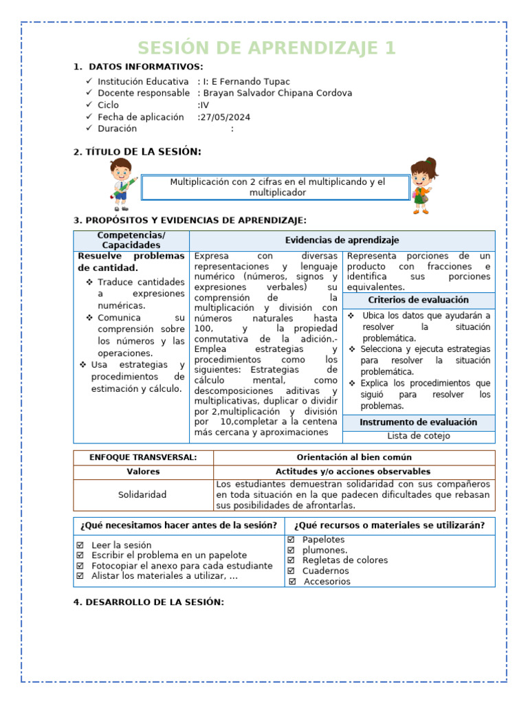 11SESIÓN DE APRENDIZAJE 1 Matematica (1) Brayan | PDF | Multiplicación | Aprendizaje