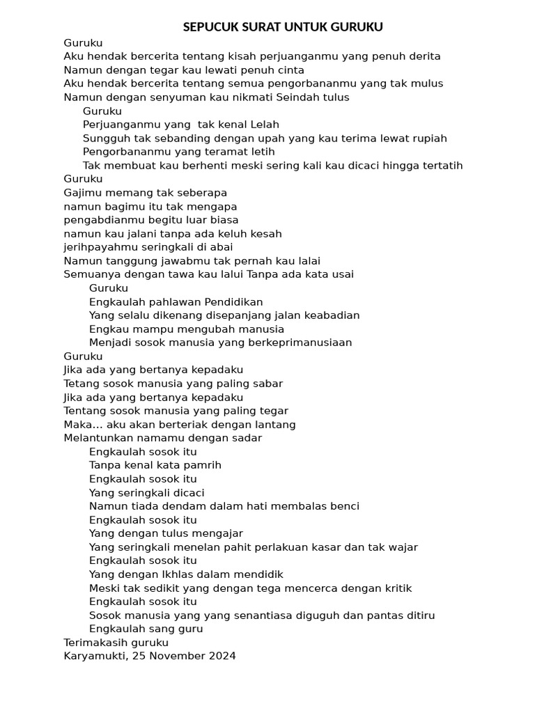 Sepucuk Surat Untuk Guruku | PDF