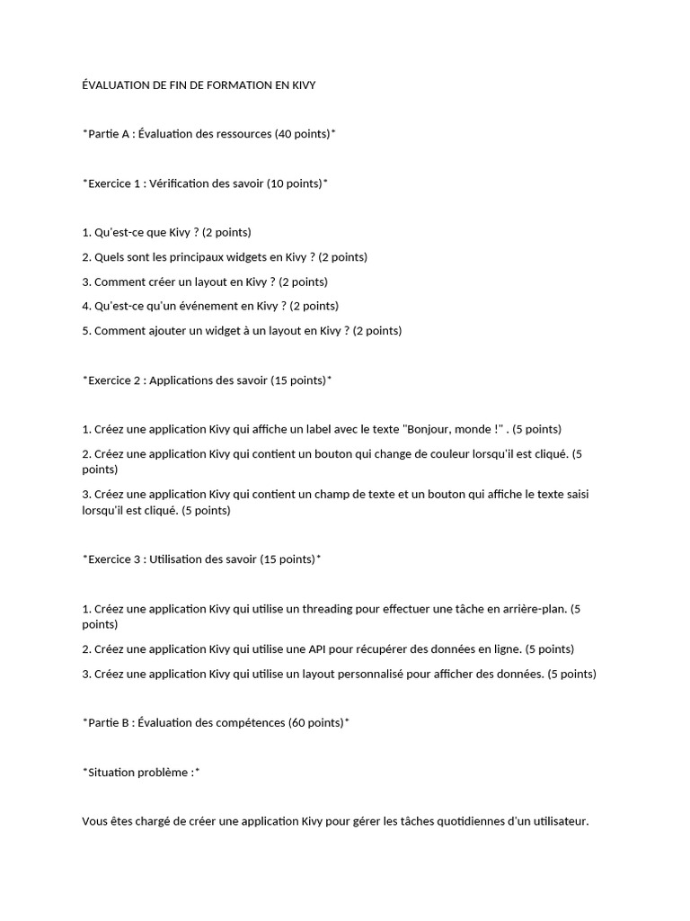 évaluation de fin de formation kivy | PDF | Informatique | Logiciel