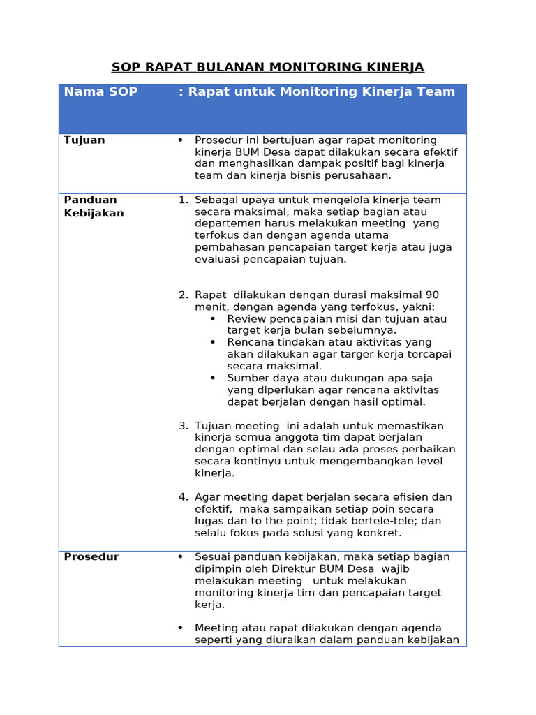 SOP Rapat Bulanan Monitoring Kinerja | PDF