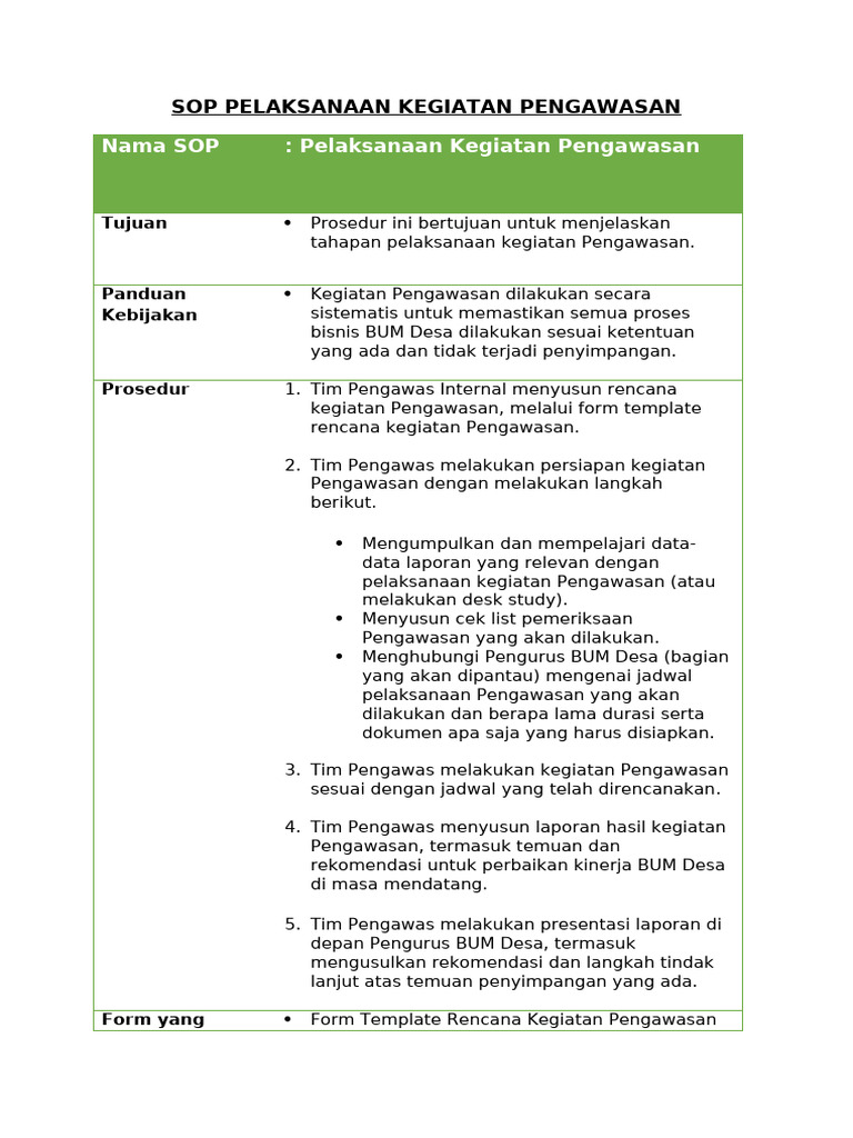 SOP Pelaksanaan Kegiatan Pengawasan | PDF