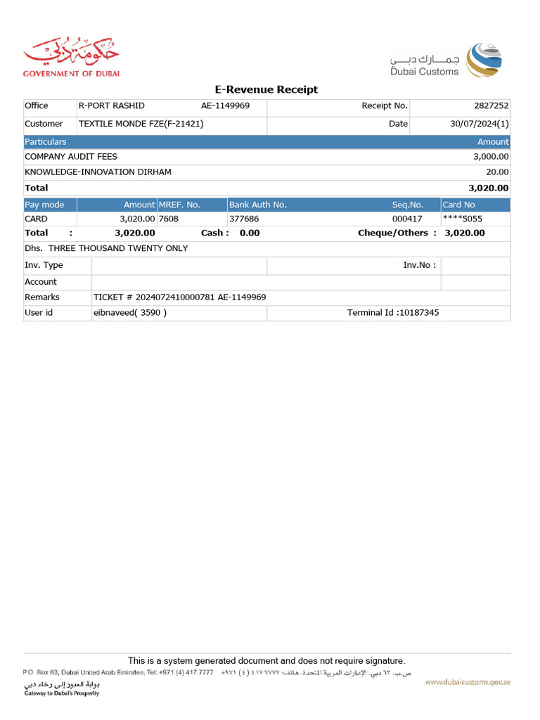 Office Receipt for Audit Fees Payment | PDF