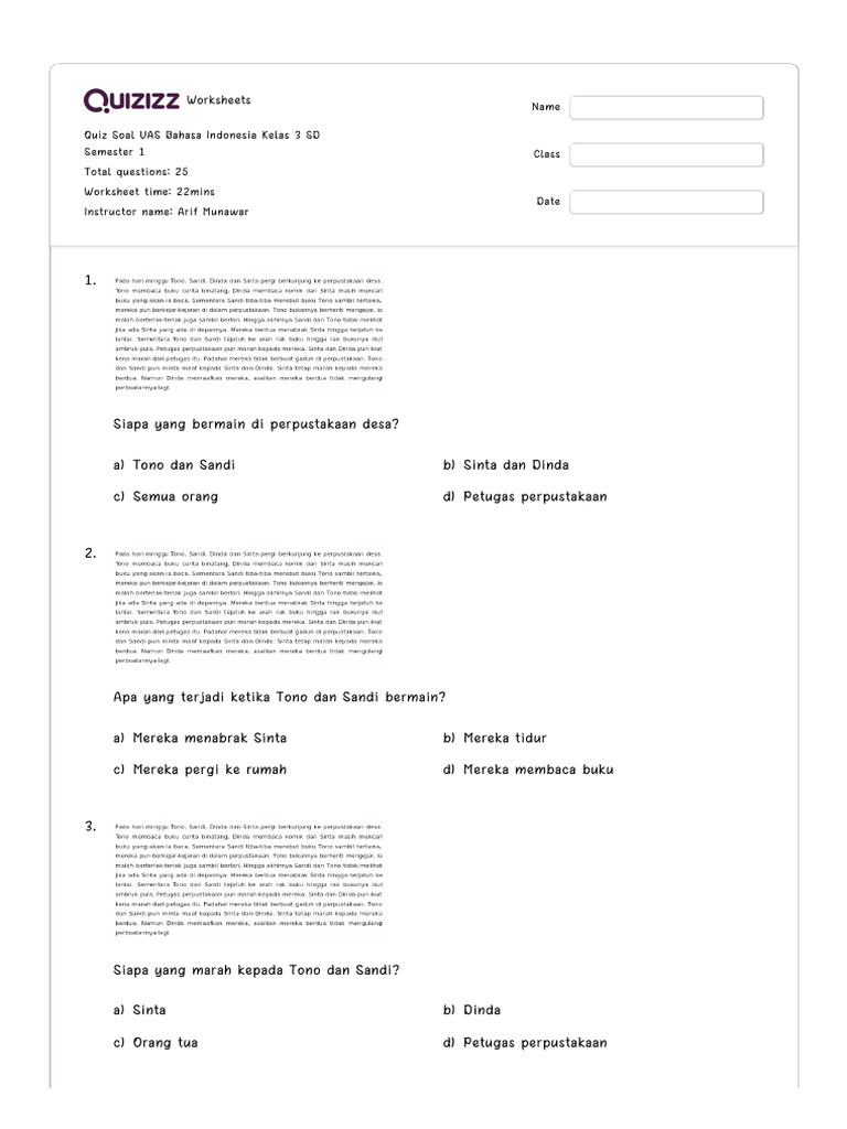 Quiz Soal UAS Bahasa Indonesia Kelas 3 SD Semester 1 - Quizizz | PDF