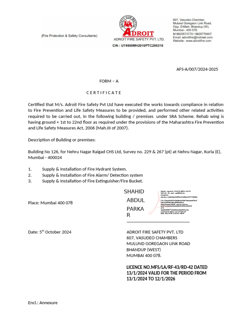 Fire Safety Compliance Certificate AFS-007 | PDF | Fire Sprinkler ...